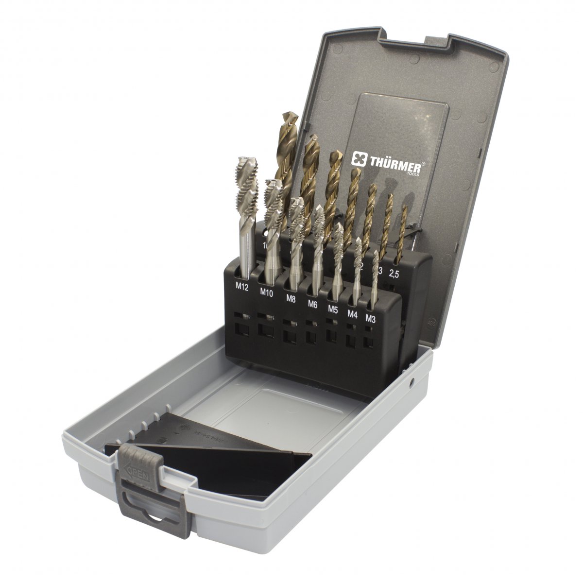 M 3-12 SPIRALTAP SÆT HSSE 35° M/BOR- 14 dele i sættet. Spiral tappe og Slebne Bor ...